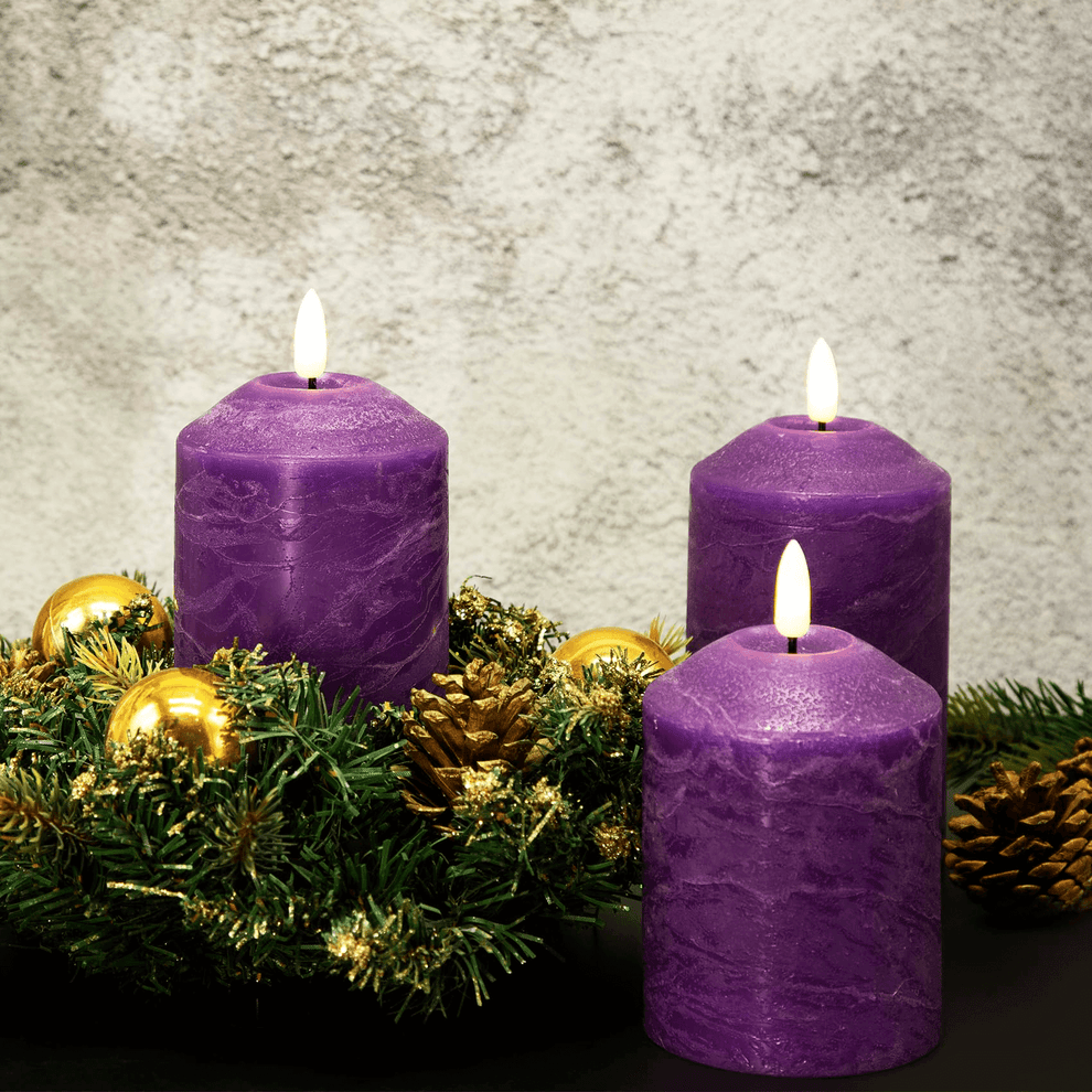Purple Flameless Pillar Candles with Remote - Set of 3 - Eywamage ...