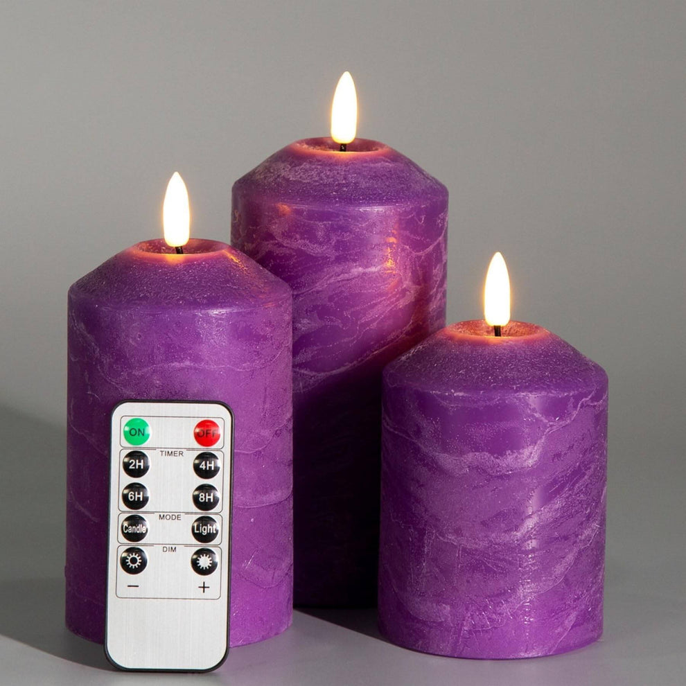 Purple Flameless Pillar Candles with Remote - Set of 3 - Eywamage ...
