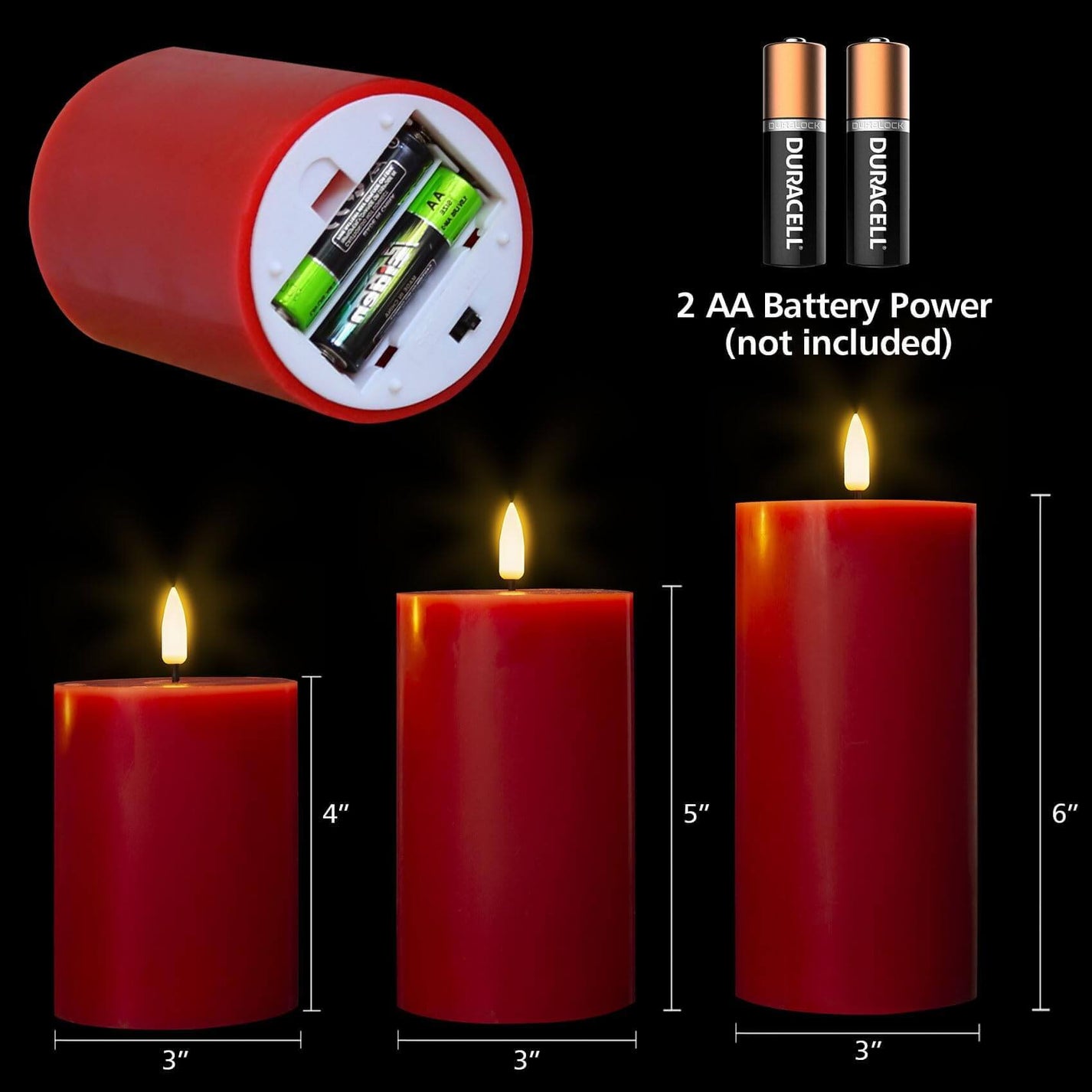 Red Flickering Flat Top Flameless Pillar Candles -Set of 3- Eywamage ...