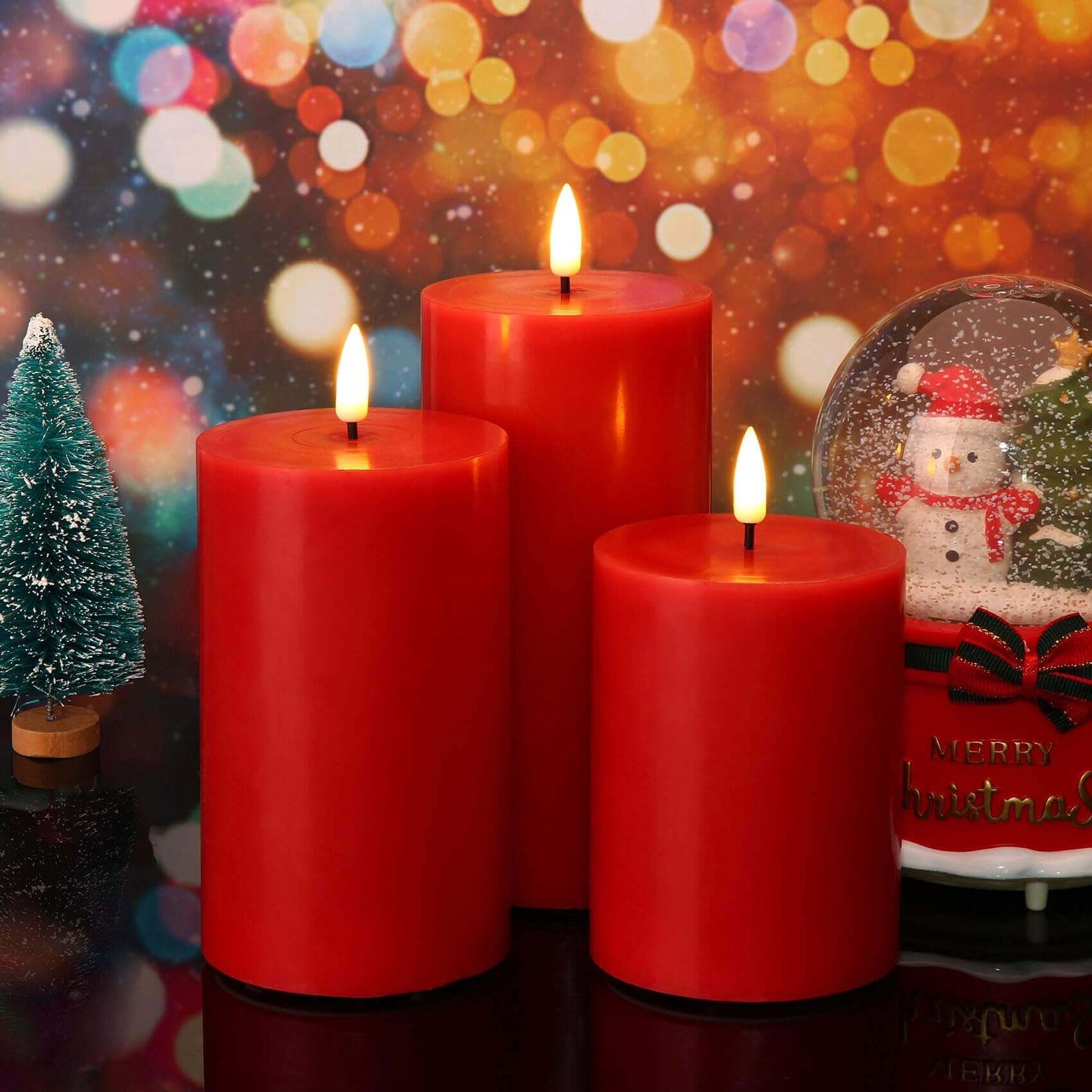Red Flickering Flat Top Flameless Pillar Candles -Set of 3- Eywamage ...