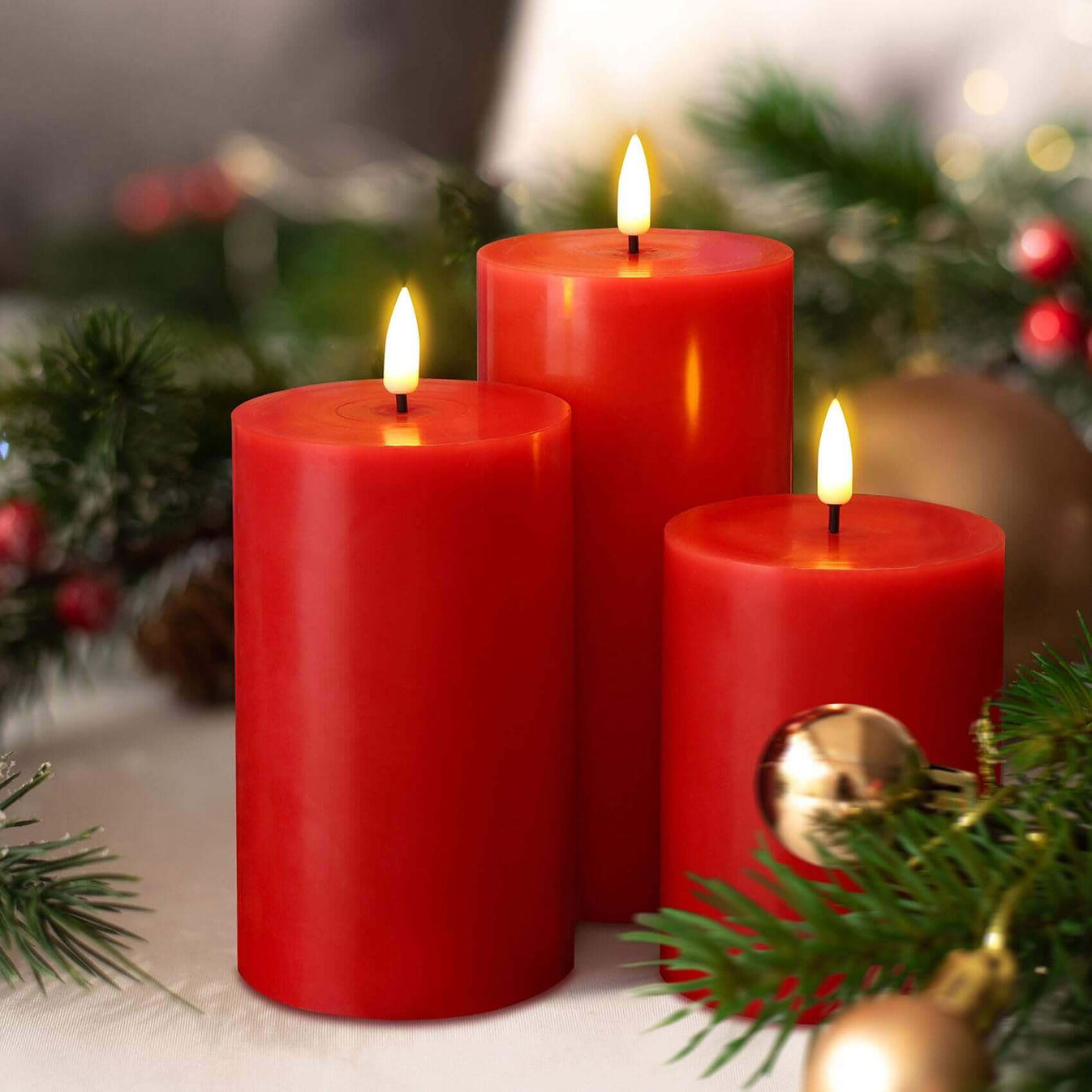 Red Flickering Flat Top Flameless Pillar Candles -Set of 3- Eywamage ...