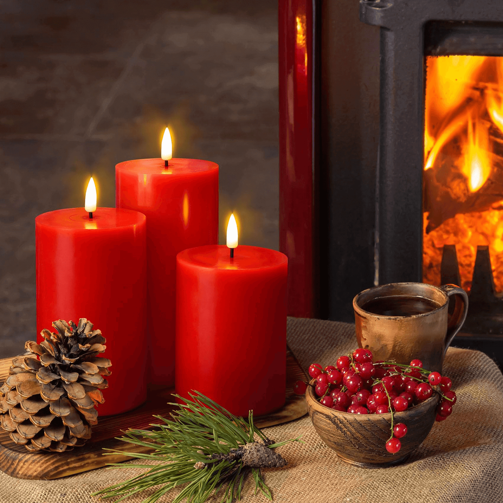 Red Flickering Flat Top Flameless Pillar Candles -Set of 3- Eywamage ...
