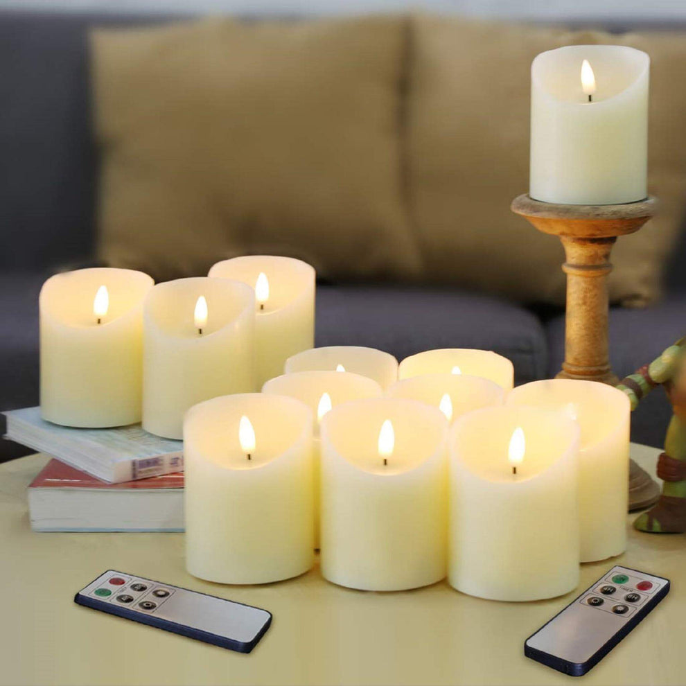 Ivory Flameless Pillar Candles with Remote - Set of 12 - Eywamage ...